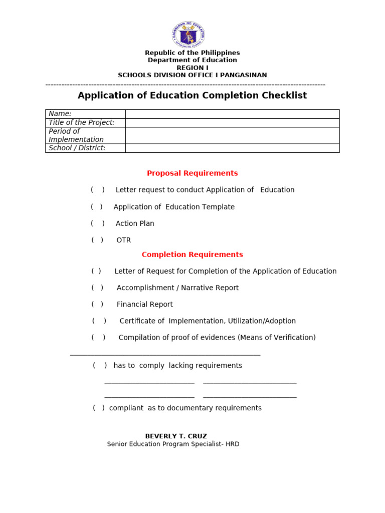 Application of Education Completion Checklist | PDF