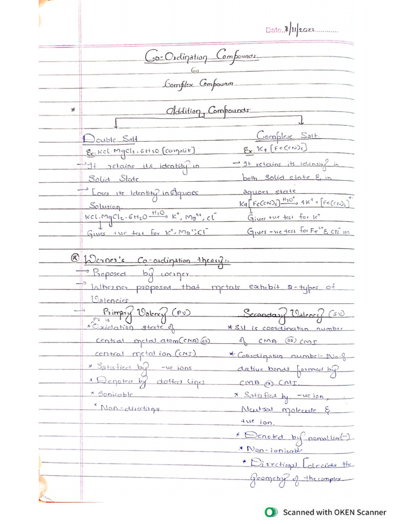 Cordination Compounds Hand Written Notes Sspu | PDF