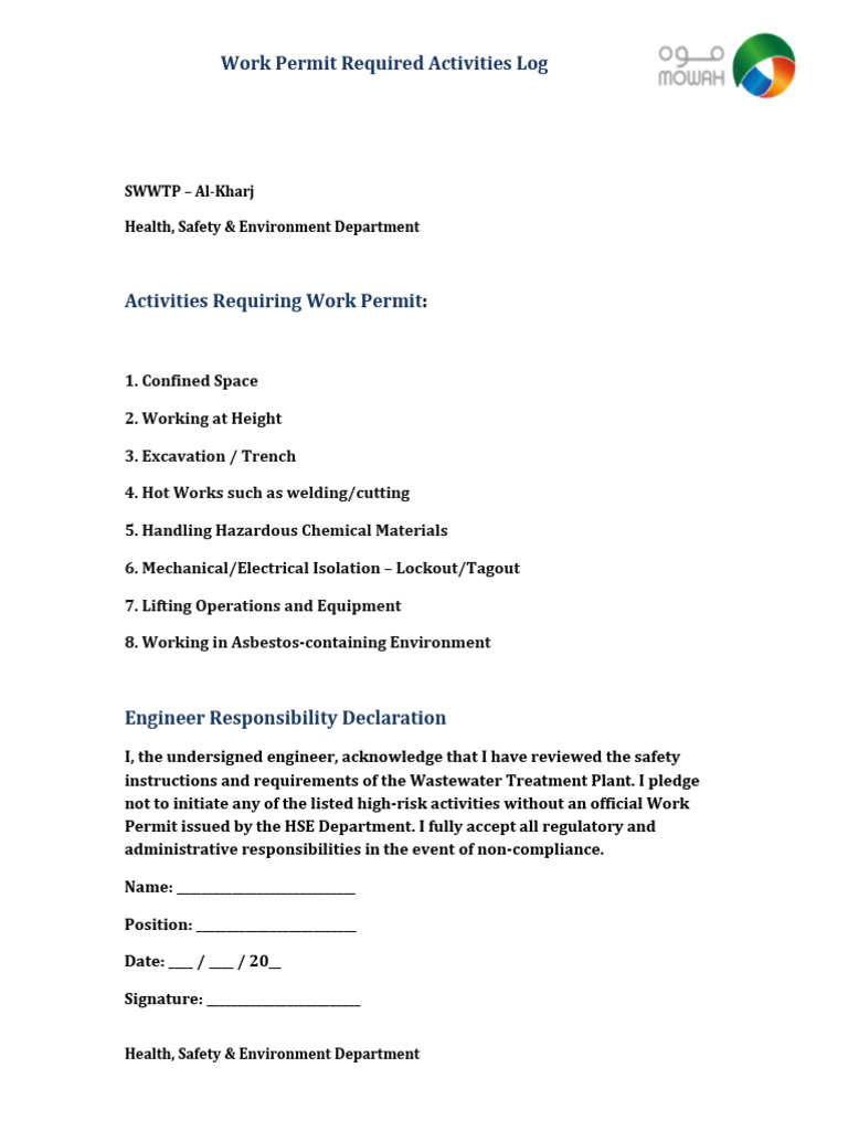 High Risk Jobs Engineer Responsibility Declaration | PDF