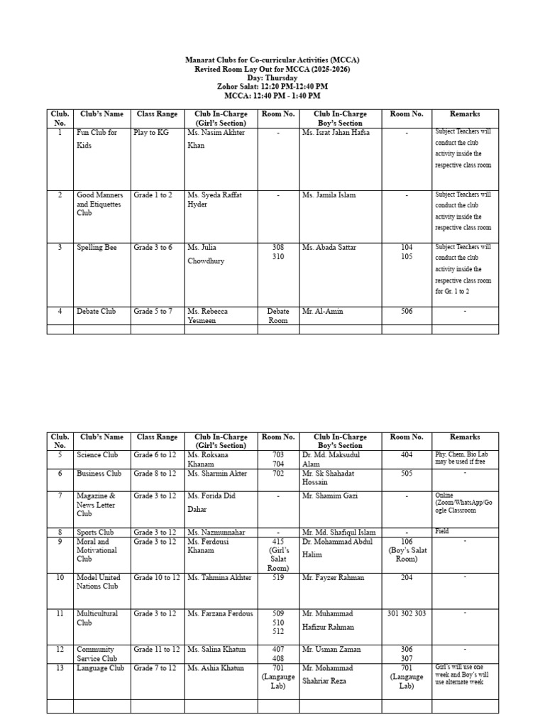 MCCA Club Schedule 2025-2026 | PDF