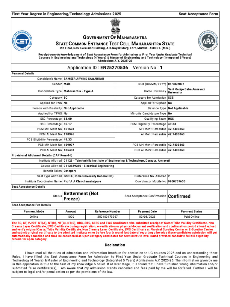 Engineering Admissions 2025 Seat Acceptance | PDF