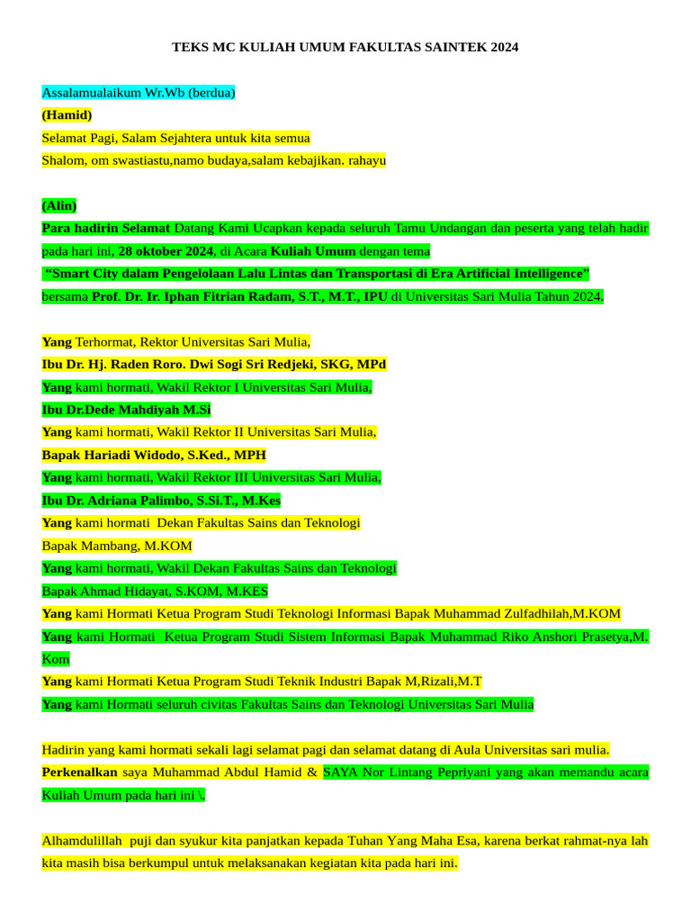 Teks_mc_kuliah Umum Fst 2024[1] | PDF