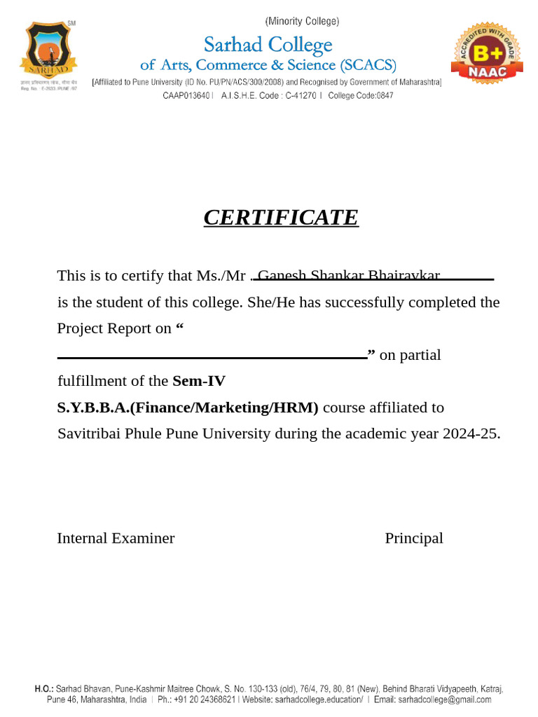 Project Report Certificate for S.Y.B.B.A. | PDF