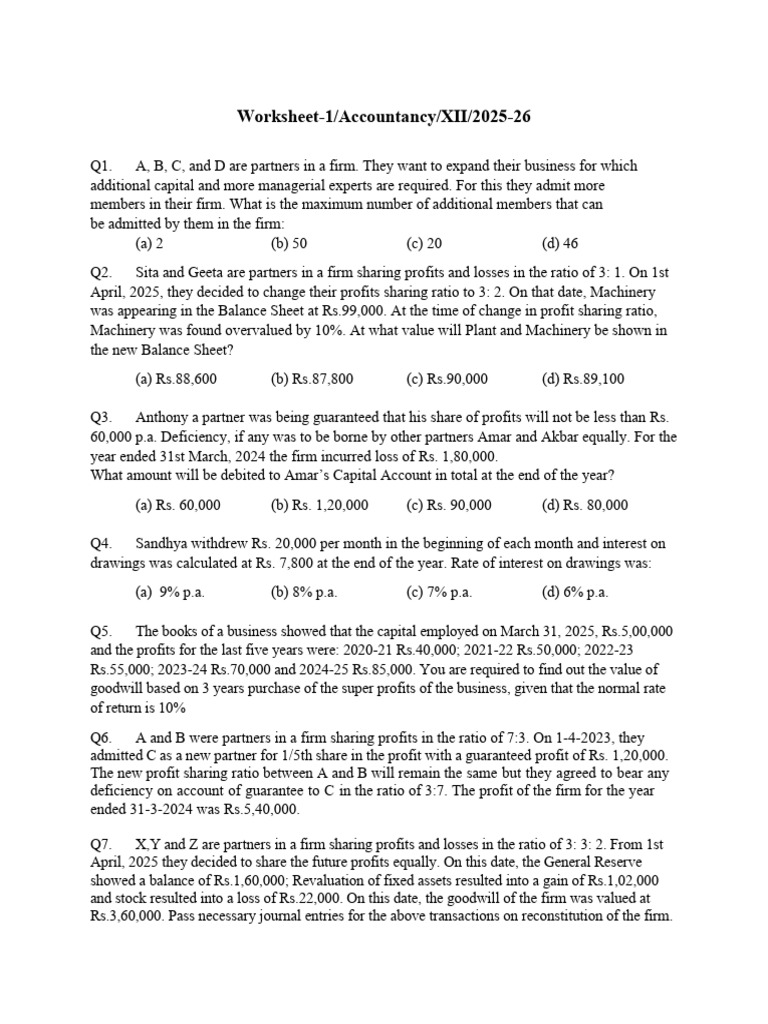 Accountancy Worksheet for Partners' Profit Sharing | PDF | Goodwill ...