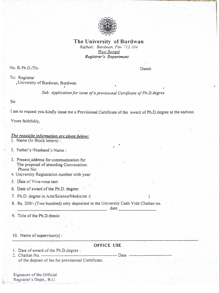 PHD Provisional Certificate Application | PDF