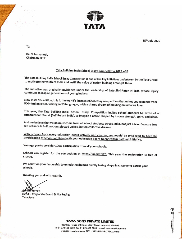 Tata Building India Sch. Essay Competition - 2025 | PDF