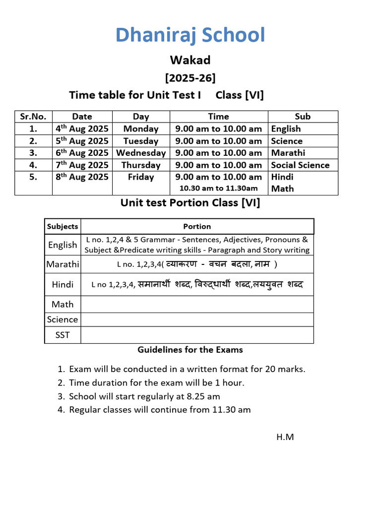 Exam Time Table-Class VI.1753762328 | PDF