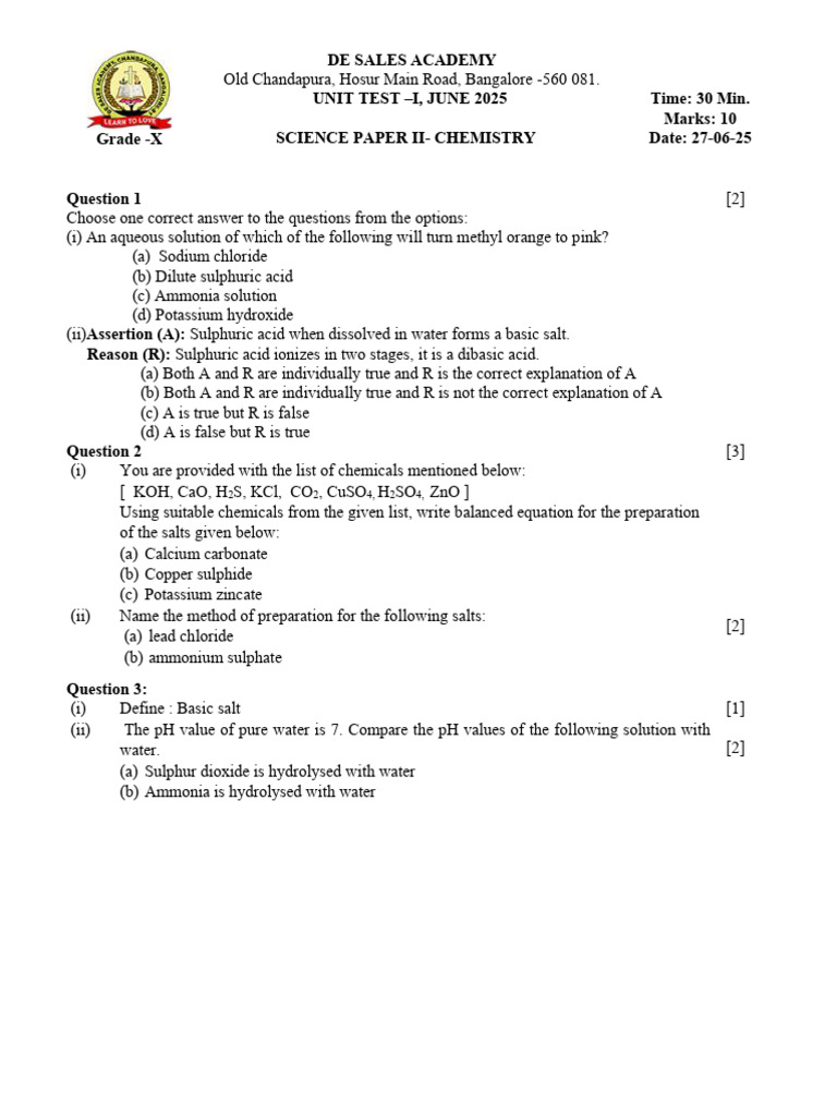 UNIT TEST 1 X-1 Chemistry | PDF