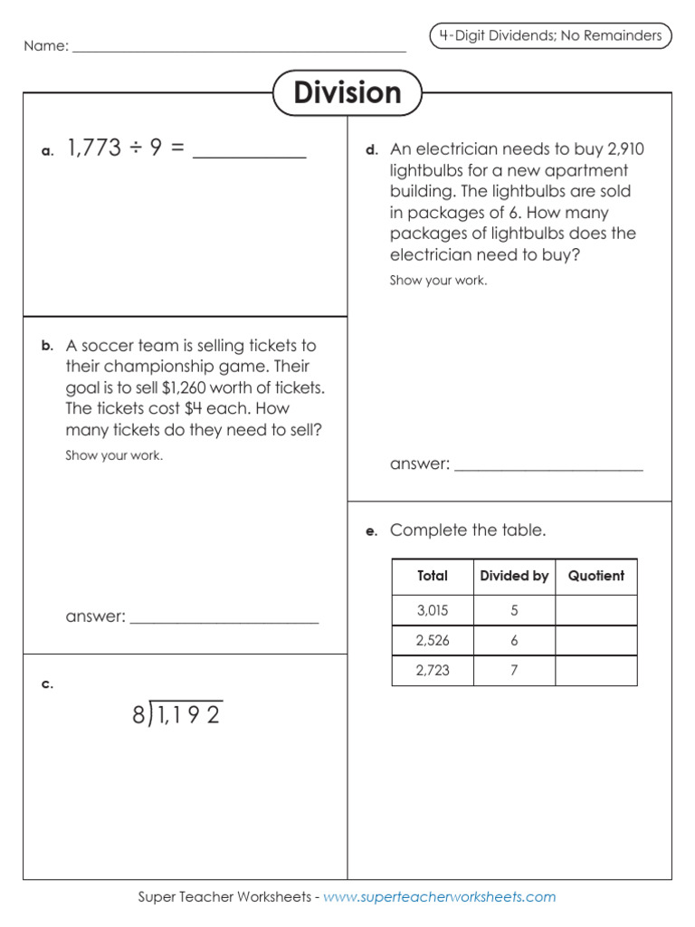 4-Digit Division Worksheet Answers | PDF | Number Theory | Division ...
