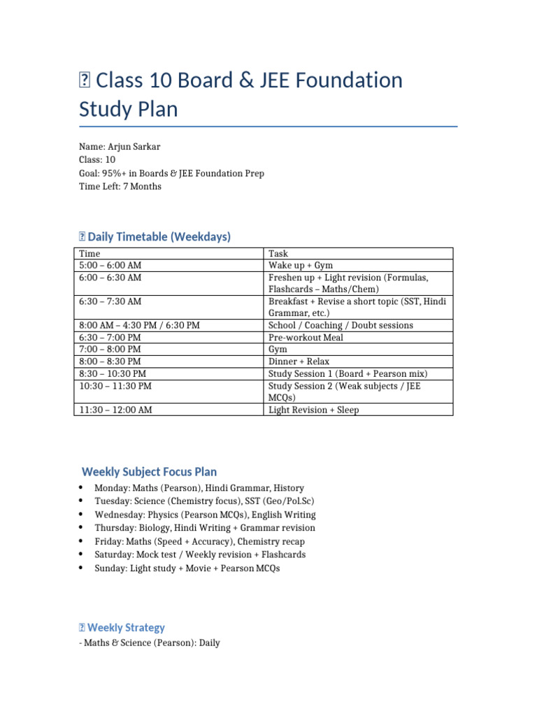 Class 10 Study Plan for JEE Prep | PDF