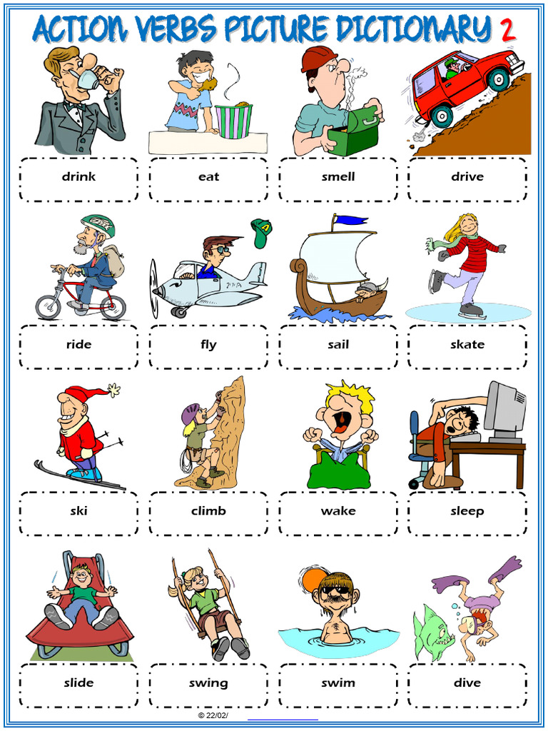 Action Verbs Vocabulary Esl Picture Dictionary Worksheets For Kids-2 | PDF