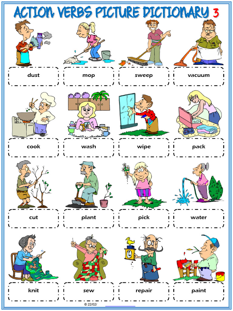 Action Verbs Vocabulary Esl Picture Dictionary Worksheets For Kids-3 | PDF