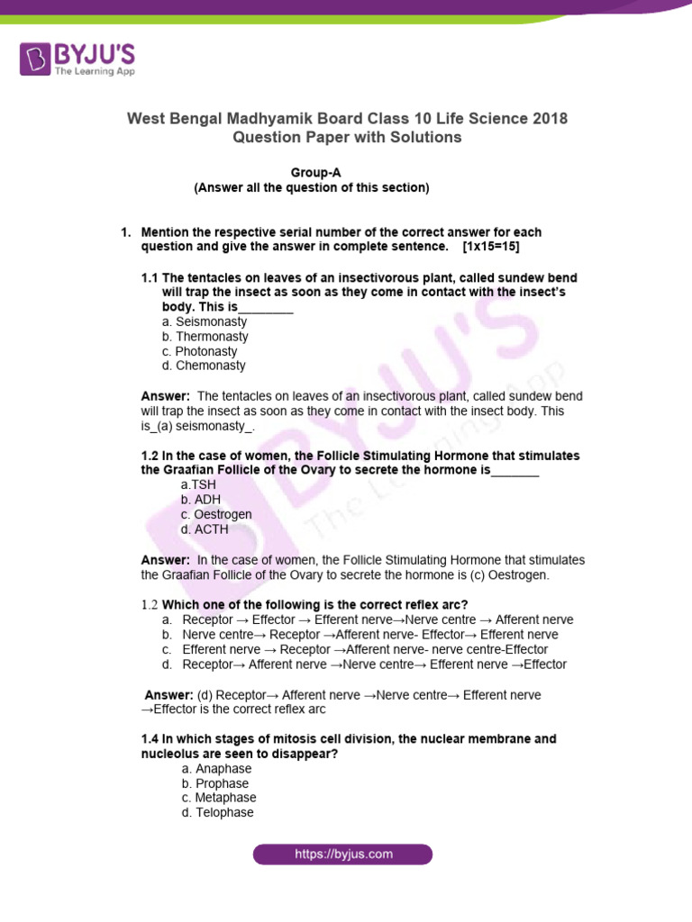 West Bengal Board Class 10 Life Science 2018 Question Paper Solutions ...