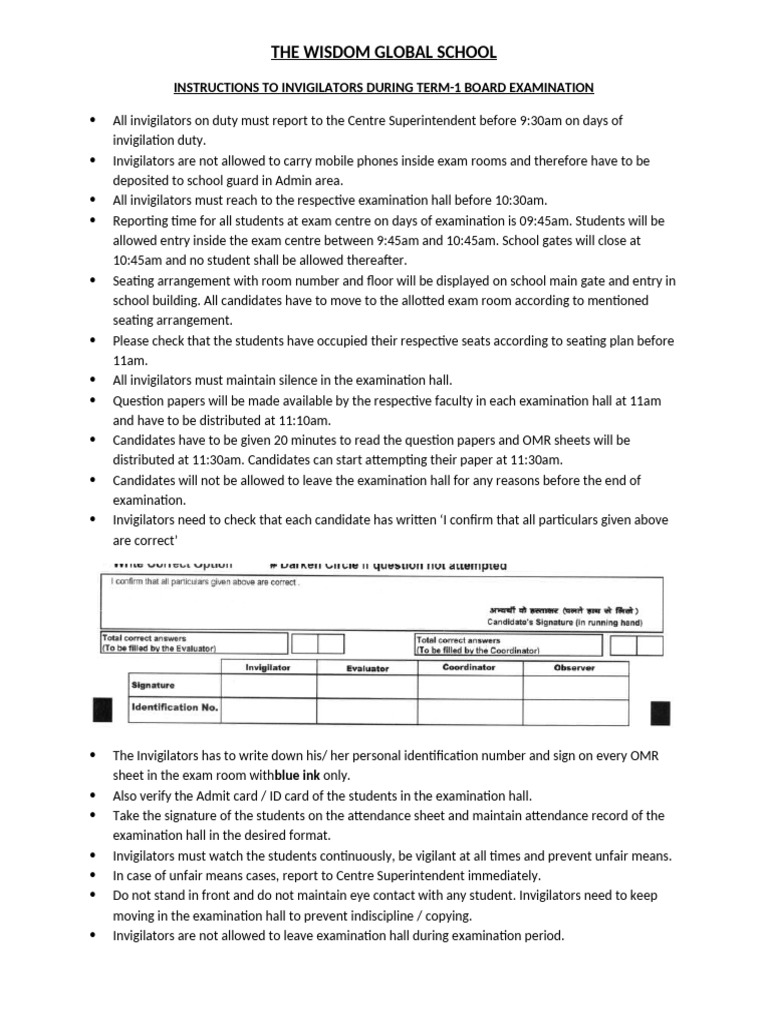 Invigilation Guidelines for Term-1 Exams | PDF