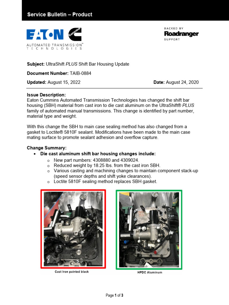 UltraShift PLUS Shift Bar Housing Update | PDF | Mechanical Engineering