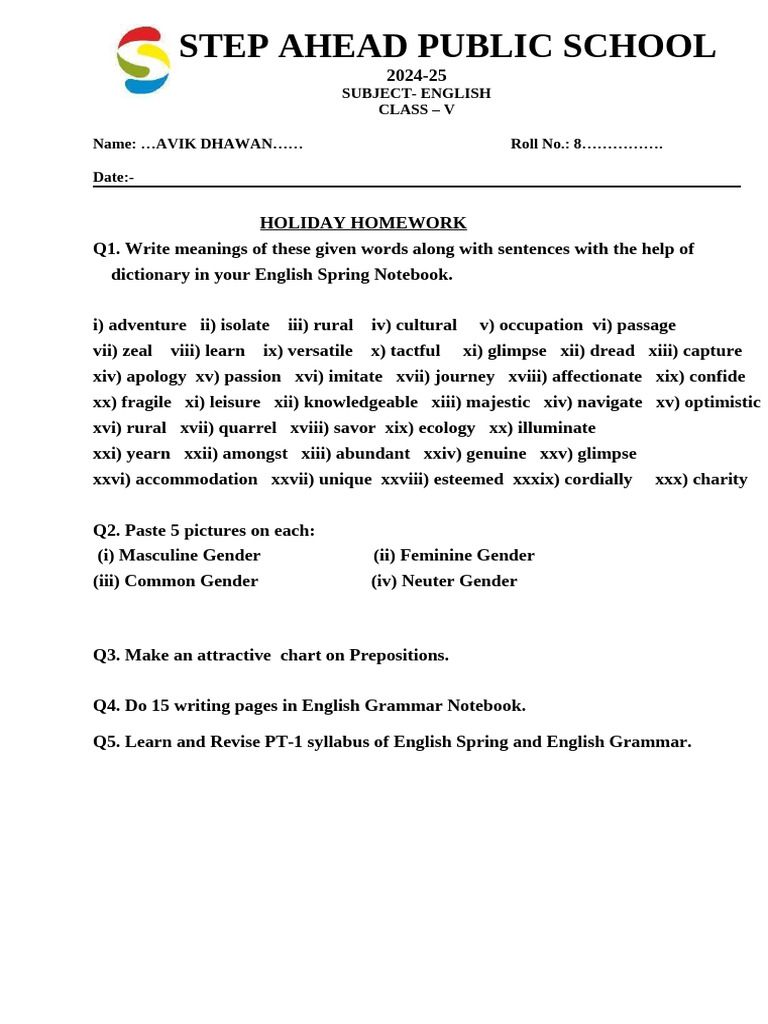 Class V English Holiday Homework 2024 | PDF | Grammatical Gender ...