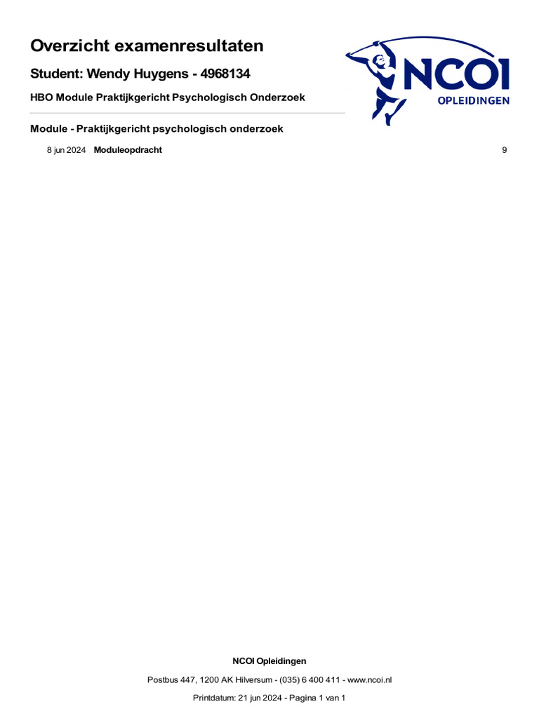 HBO Module Praktijkgericht Psychologisch Onderzoek Overzicht Examenresultaten | PDF