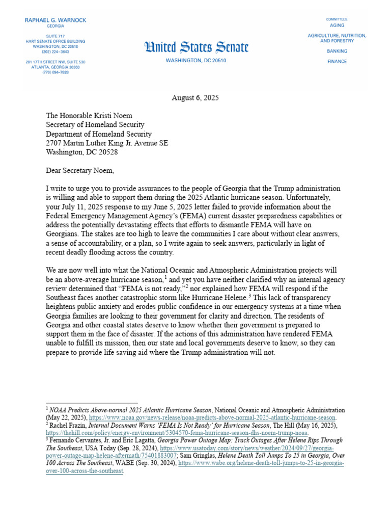 08.06.2025 Warnock Letter To DHS | PDF | Federal Emergency Management ...