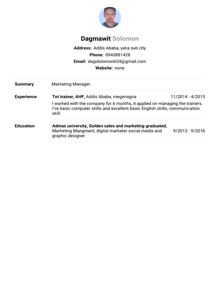 Marketing Manager Resume - Dagmawit Solomon | PDF
