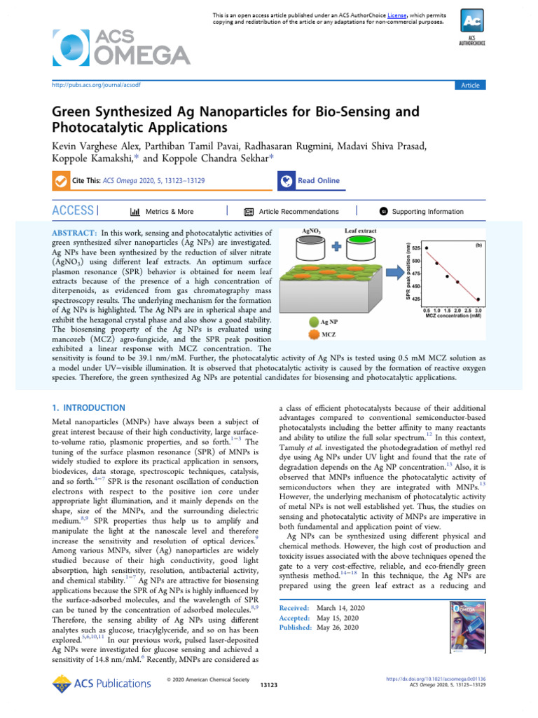 Varghese Alex Et Al 2020 Green Synthesized Ag Nanoparticles for Bio Sensing and Photocatalytic ...