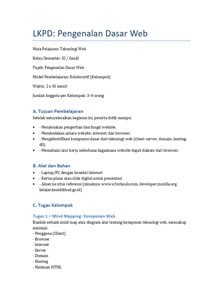 LKPD Pengenalan Dasar Web Kelas XI SMK TKJ | PDF