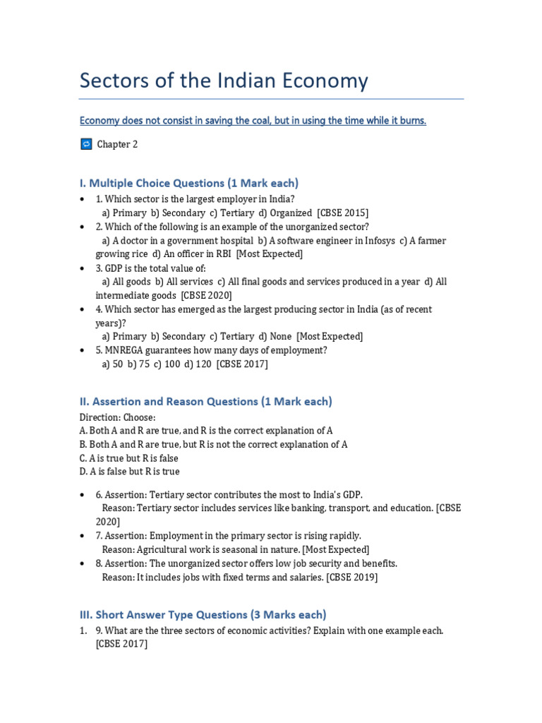 Sectors of Indian Economy Worksheet Class10 CBSE | PDF ...