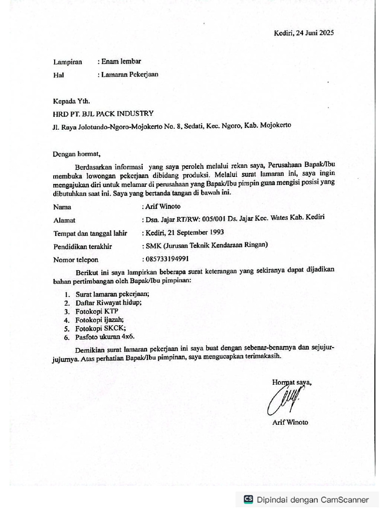 Arif Winoto-Berkas Lamaran Pekerjaan | PDF