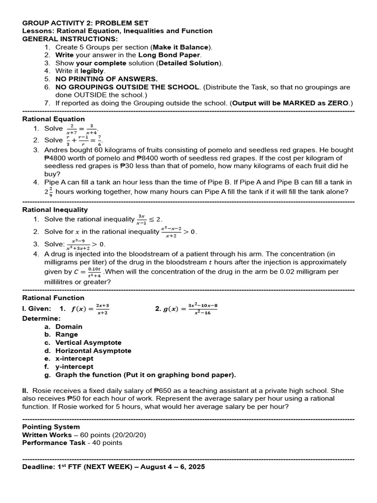 Rational Equations and Inequalities Activity | PDF | Asymptote ...