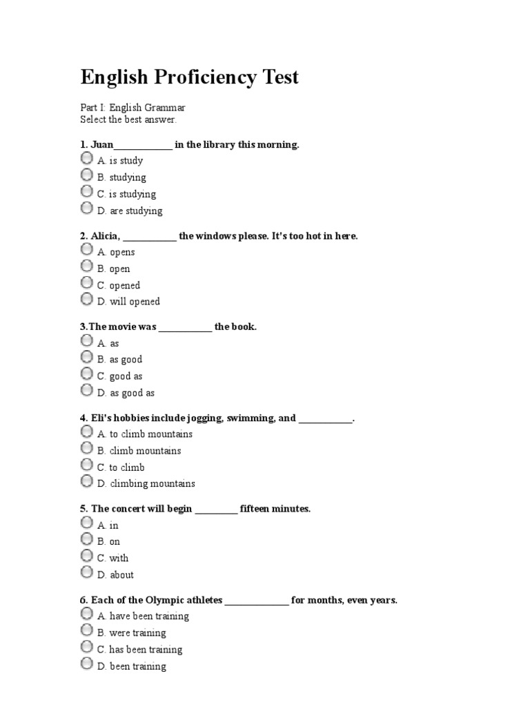 English Proficiency Test Sample Questions | PDF