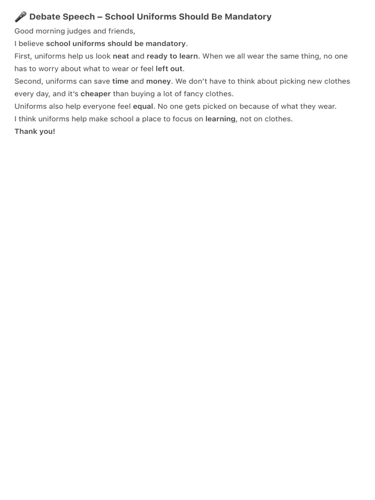 ? Debate Speech - School Uniforms Should Be Mandatory | PDF