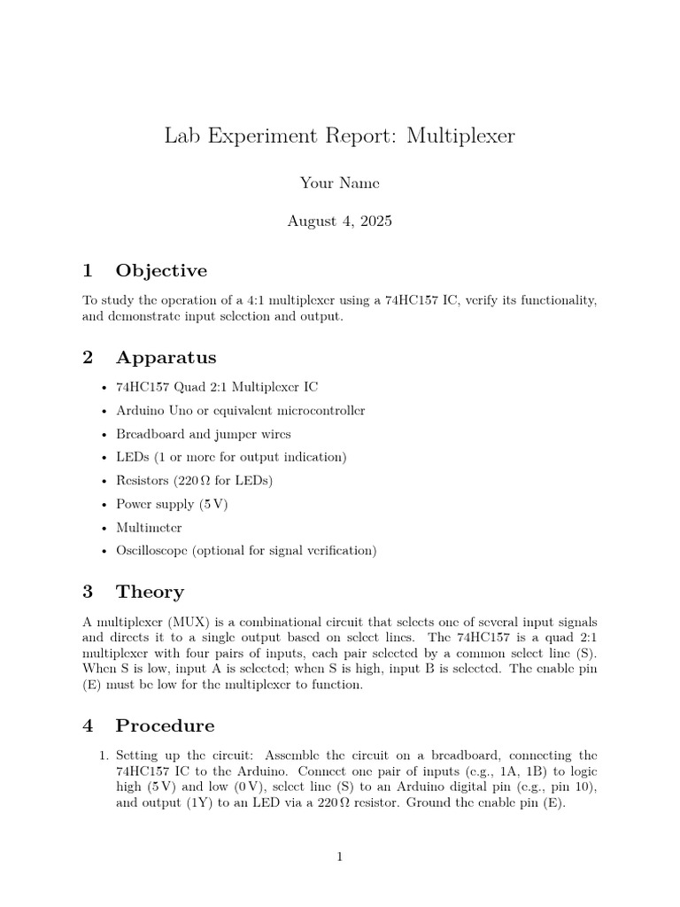 Lab Experiment Report: Multiplexer: 1 Objective | PDF | Arduino ...