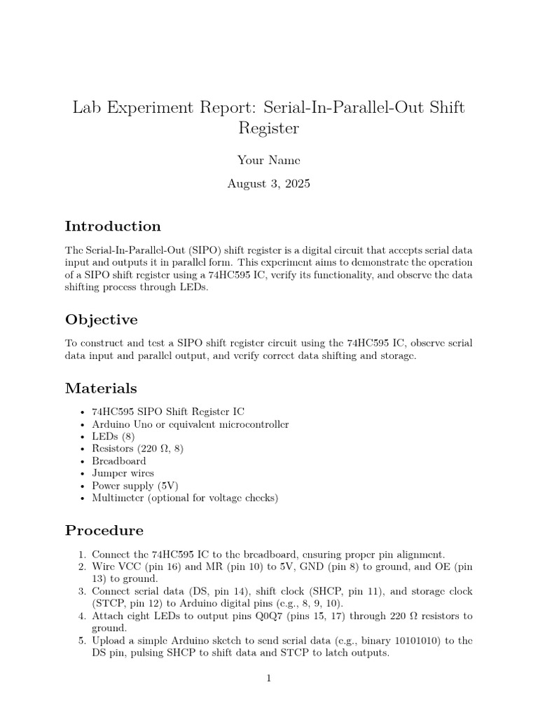 SIPO Shift Register Experiment Report | PDF | Arduino | Electrical Circuits