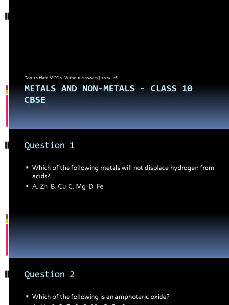 Metals and NonMetals Hard MCQ Class10 | PDF | Magnesium | Zinc