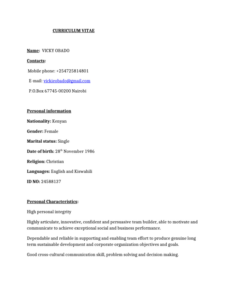 Vicky Obado CV | PDF | Kenya | Business