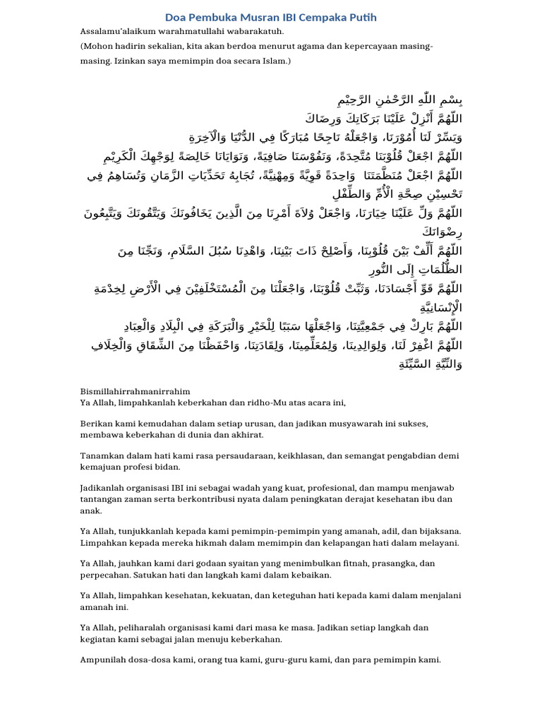 Doa Pembuka Musran IBI Cempaka Putih | PDF