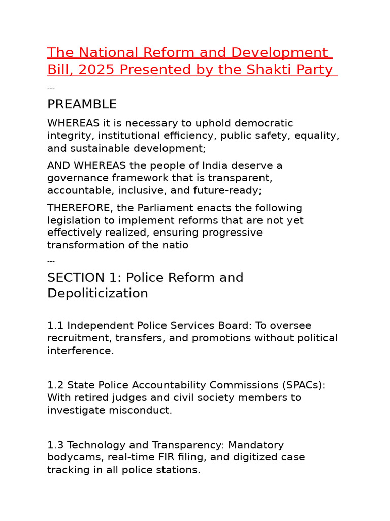 National Reform and Development Bill 2025 | PDF | Governance | Government