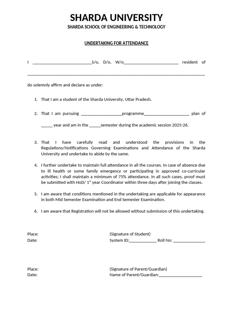 UNDERTAKING For Attendance Jan 2025-26 | PDF
