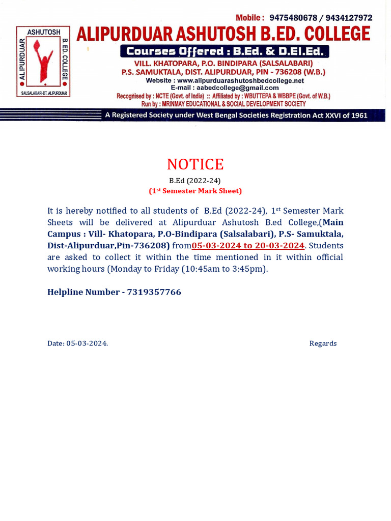 B.Ed 1st Semester Mark Sheet Notice | PDF