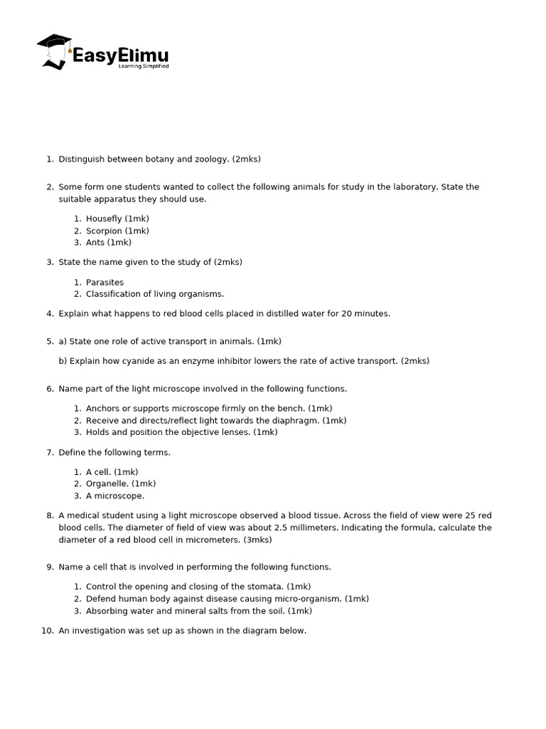 Biology - Form 2 Term 1 Opener Exam 2024 Set 1-9 | PDF | Photosynthesis ...