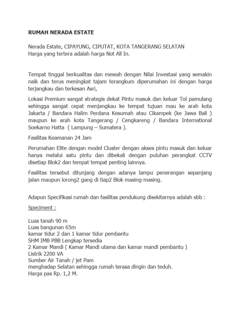 Perumahan Mewah Nerada Estate Ciputat | PDF