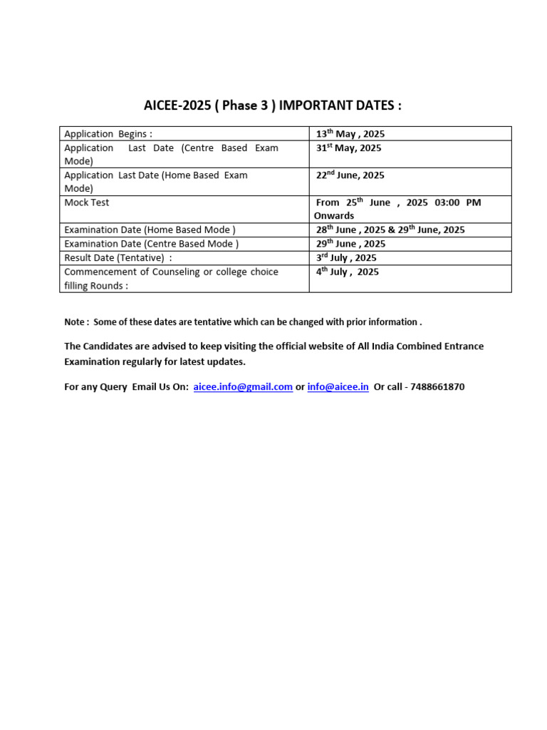 AICEE 2025 Important Dates and Details | PDF