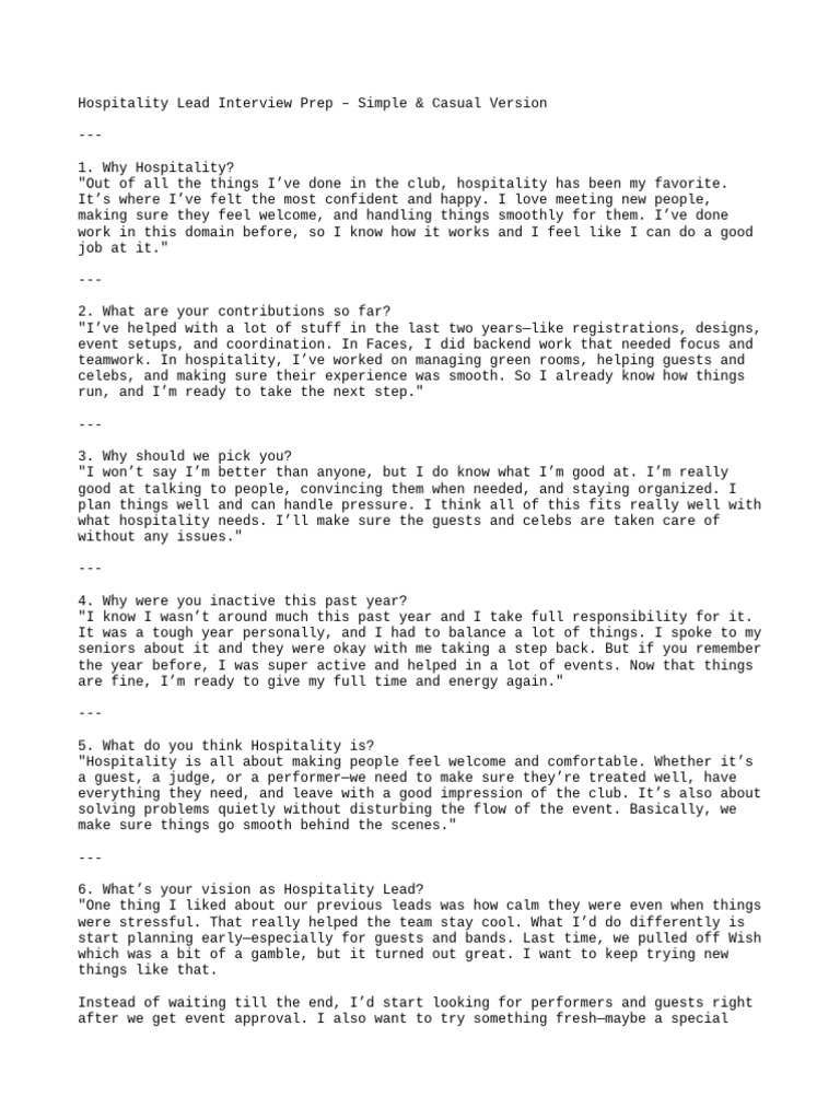 Hospitality Lead Interview Guide | PDF