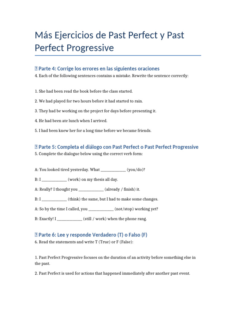 Ejercicios de Past Perfect y Progresivo | PDF