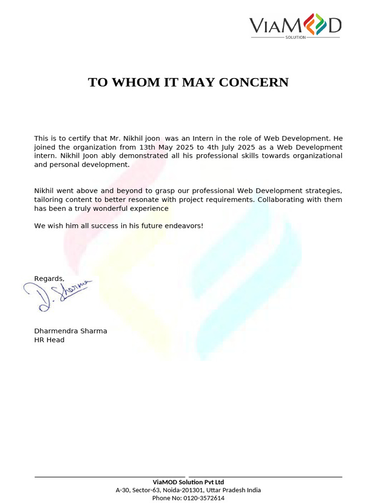 Internsip Letter Nikhil Joon | PDF