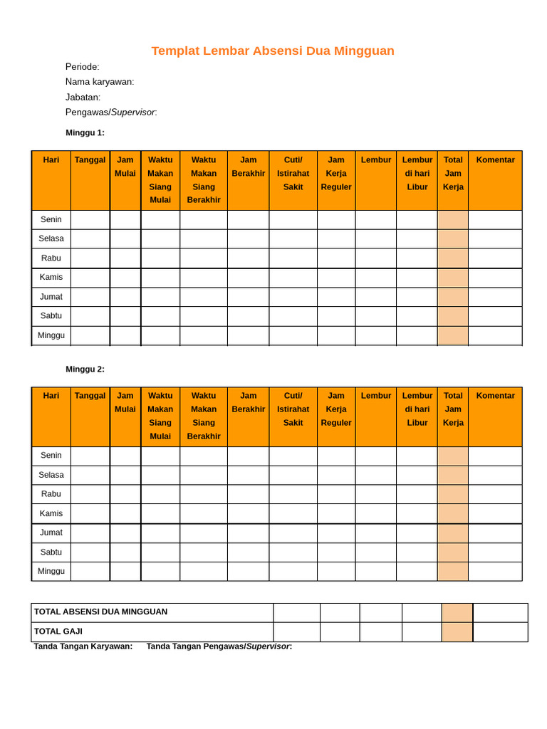 Templat Lembar Absensi Dua Mingguan | PDF