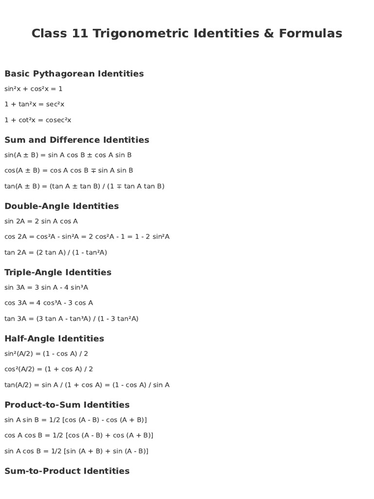 Class 11 Trigonometric Identities | PDF