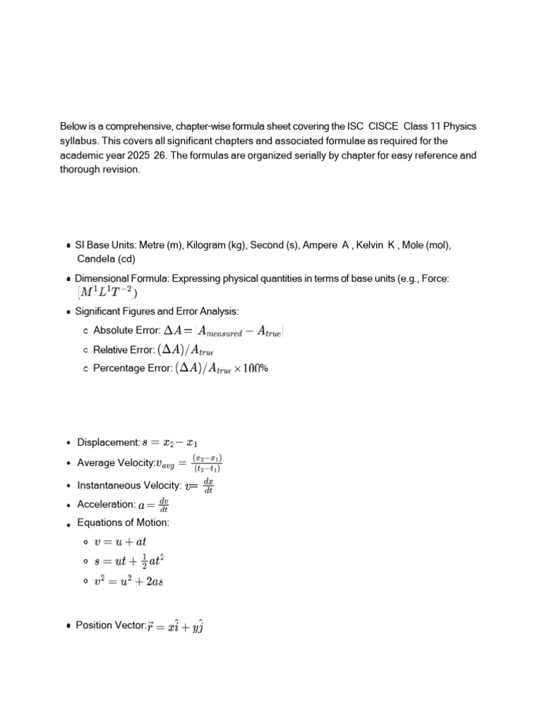 Class 11 ISC Physics Formula Sheet (Serial Wise) | PDF | Force | Gases