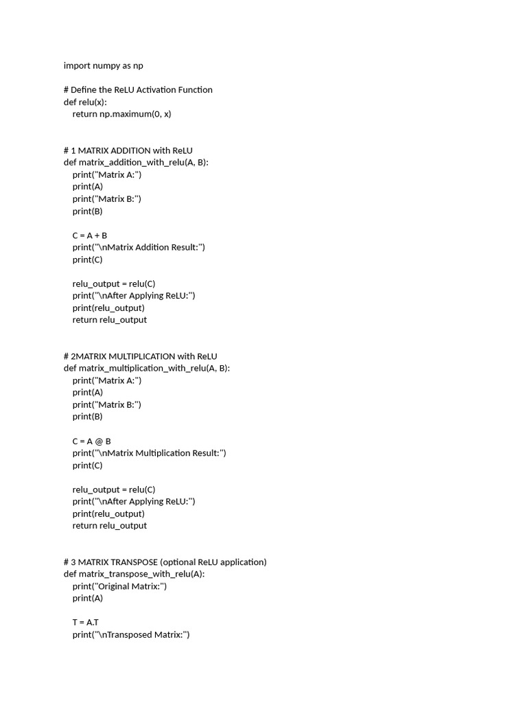 ReLU Operations on Matrices with NumPy | PDF