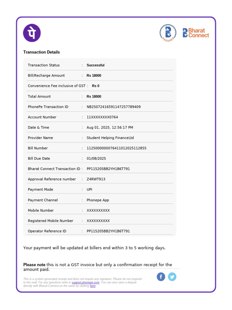 PhonePe Payment Confirmation Receipt | PDF