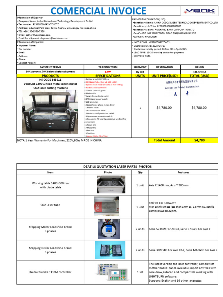 Vank Commercial Invoice 1490 Reci w6 Metal and No Metal Co2 Laser ...
